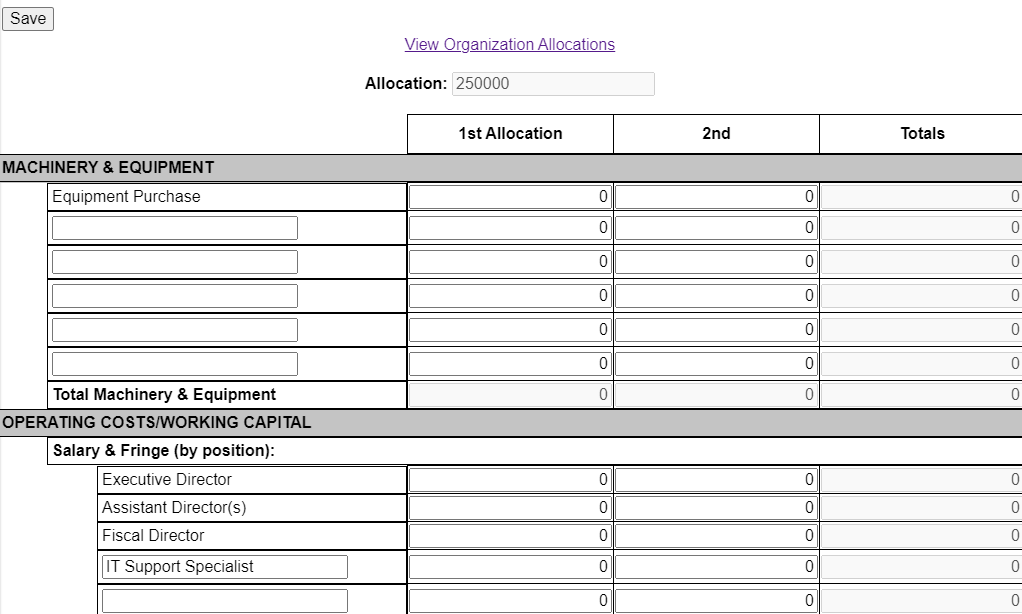 Example of agency work plan budget screen showing agency allocation.