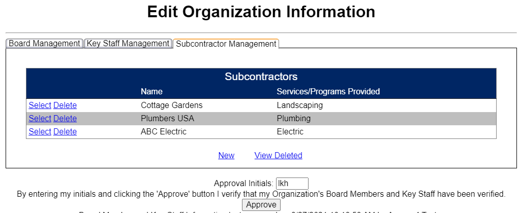 example of agency subcontractor management tab subcontractors table to add, edit, delete, and ...