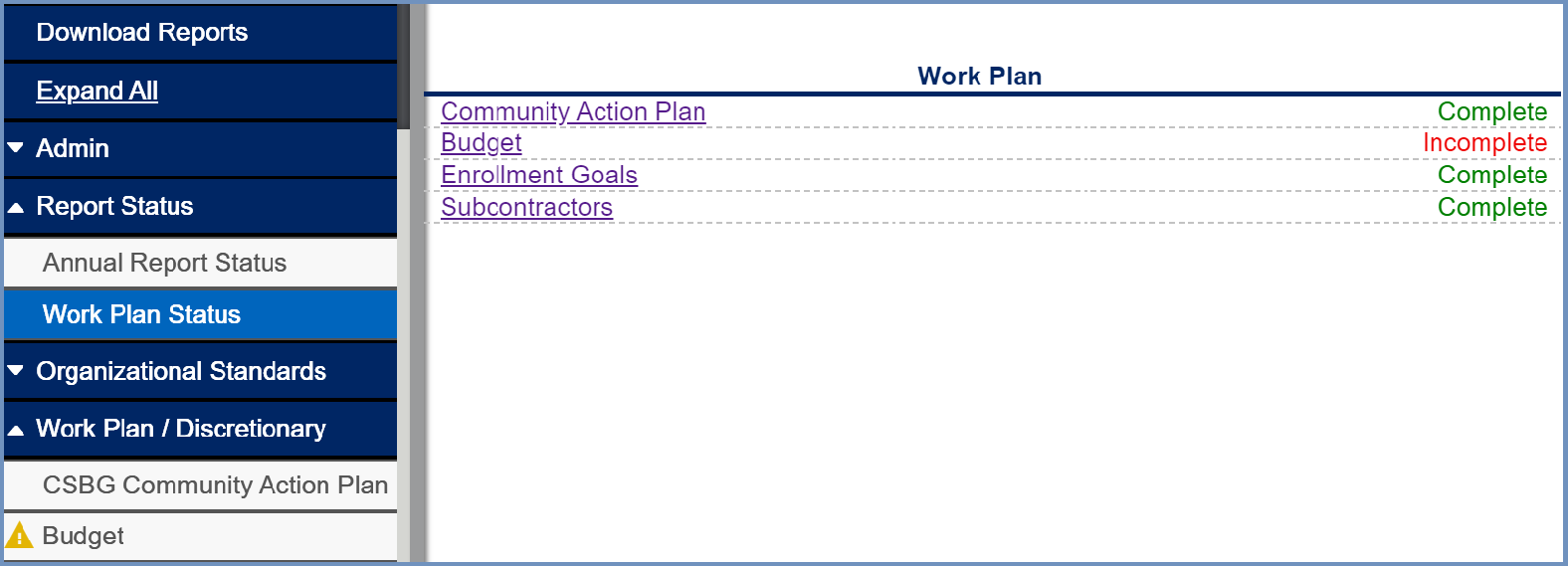 example of agency work plan section statuses for local admin and user ...